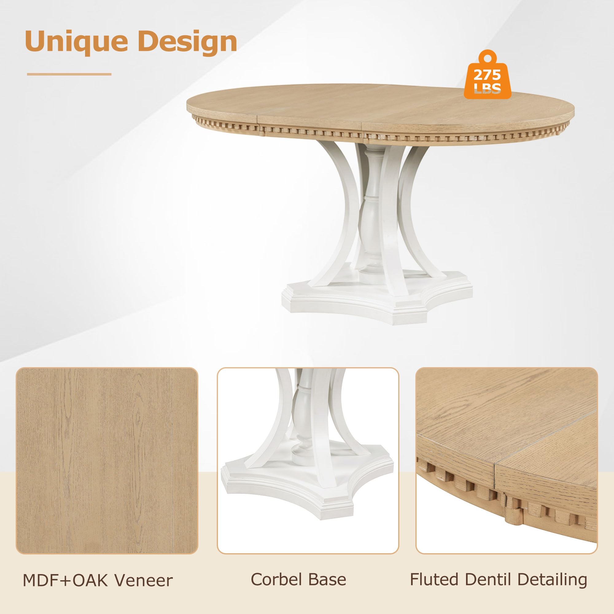 POCIYIHOME 5-Piece Set, Wood Table with Two-Size Round to Oval Extendable Butterfly Leaf, 4 Upholstered Dining Chairs with Armrest for 4 (Natural Oak+ Antique White)
