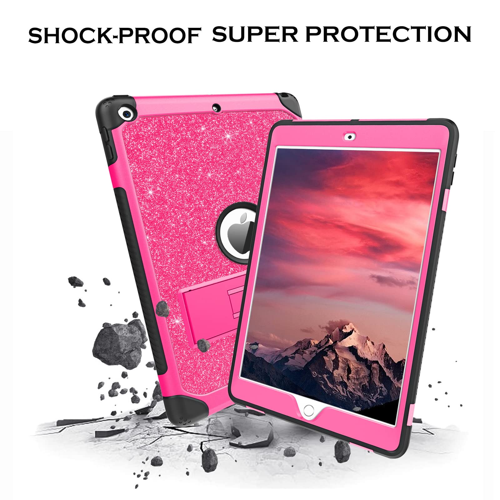 YINLAI Case for iPad 6th / 5th Generation, iPad 9.7 Case Glitter Women Hybrid Shockproof Protective Cover with Kickstand iPad 9.7-Inch iPad Air 2nd A1893/A1954/A1822/A1823, Hot Pink