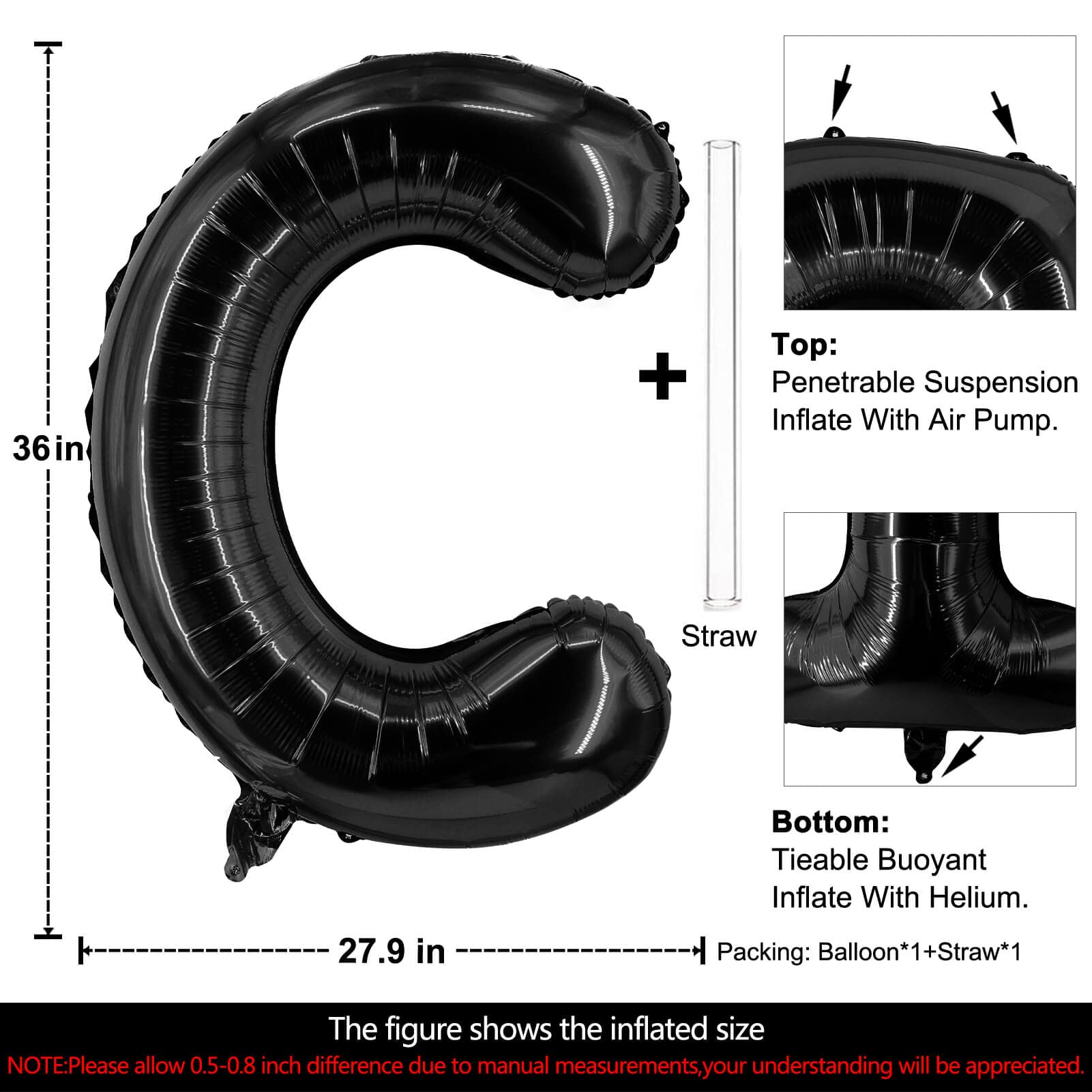 Lovoir 40 Inch Large Black Letter C Balloons Big Size Jumbo Mylar Foil Helium Balloon for Birthday Party Celebration Decorations Alphabet Black C
