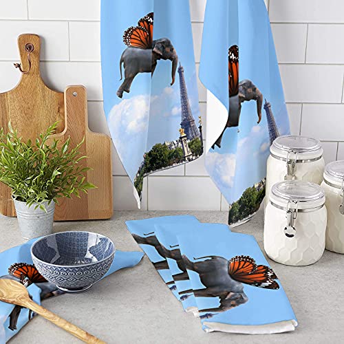 Big buy store Kitchen Towels Set of 4 Butterfly Elephant Dish Towels and Dishcloths Sets Decorative Tea Towel Funny Animal Absorbent Hand Towels for Kitchen Drying Bathroom Decor Gift 18x28 Inch