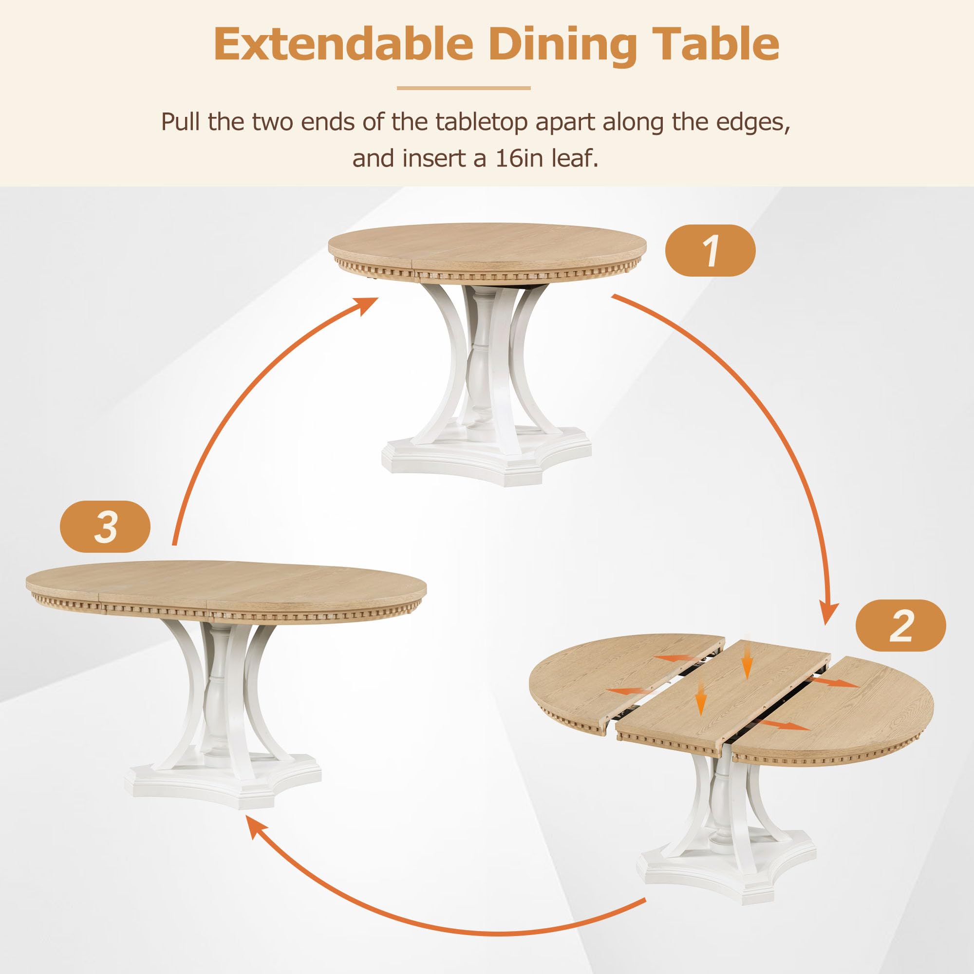 POCIYIHOME 5-Piece Set, Wood Table with Two-Size Round to Oval Extendable Butterfly Leaf, 4 Upholstered Dining Chairs with Armrest for 4 (Natural Oak+ Antique White)