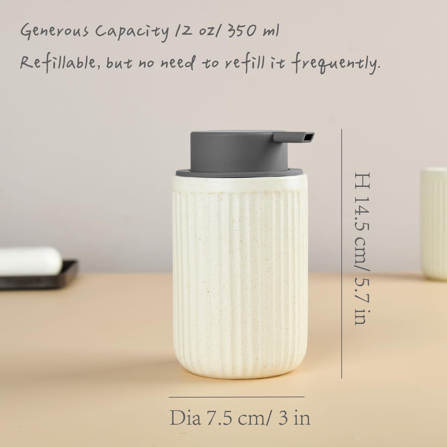 ABBI NIMO Beige Ceramic Foaming Soap Dispenser, Speckled Rippled 12 Oz Bottle with Gray Silicone Pump, Foam Dispenser for Kitchen or Bathroom, Speckled Beige