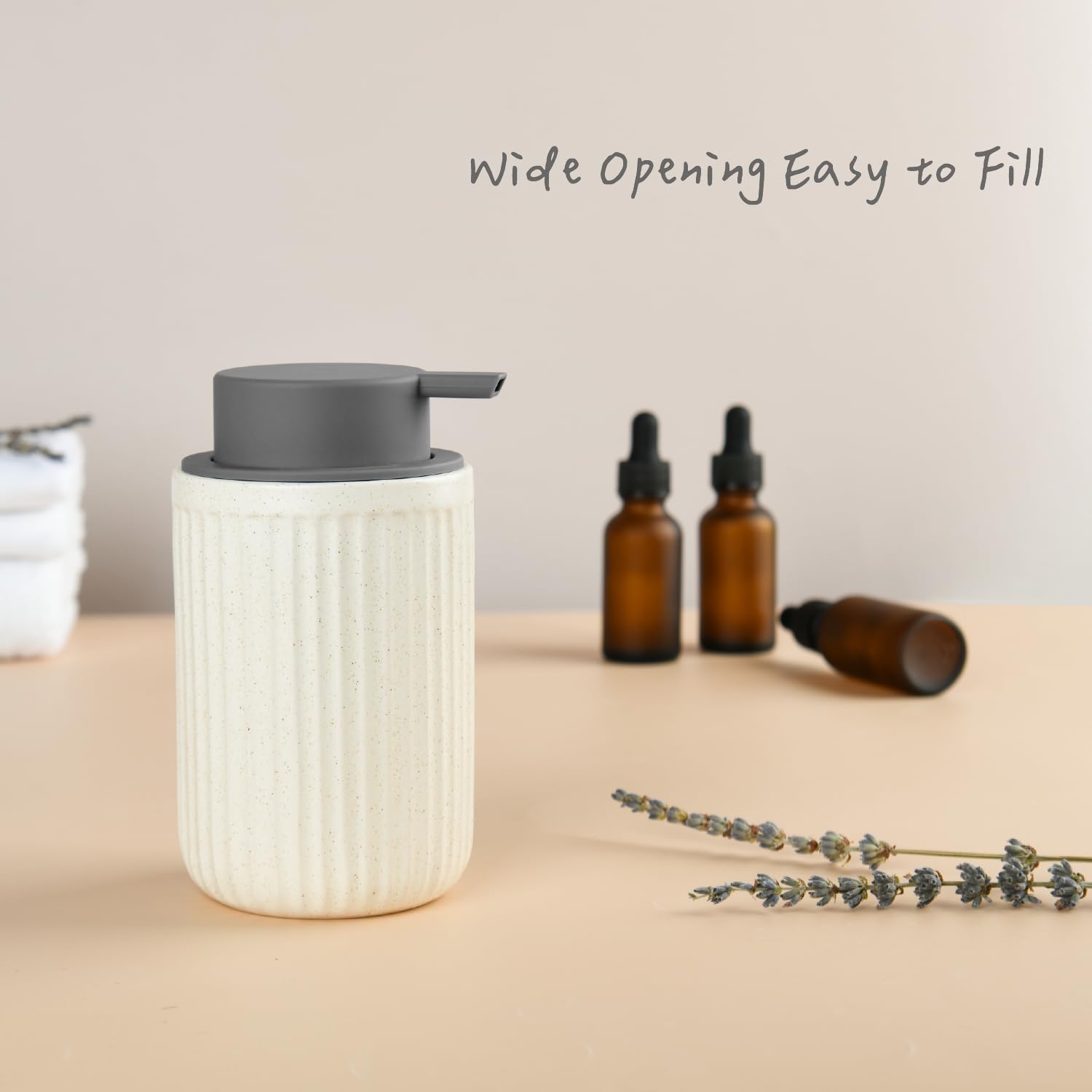 ABBI NIMO Beige Ceramic Foaming Soap Dispenser, Speckled Rippled 12 Oz Bottle with Gray Silicone Pump, Foam Dispenser for Kitchen or Bathroom, Speckled Beige