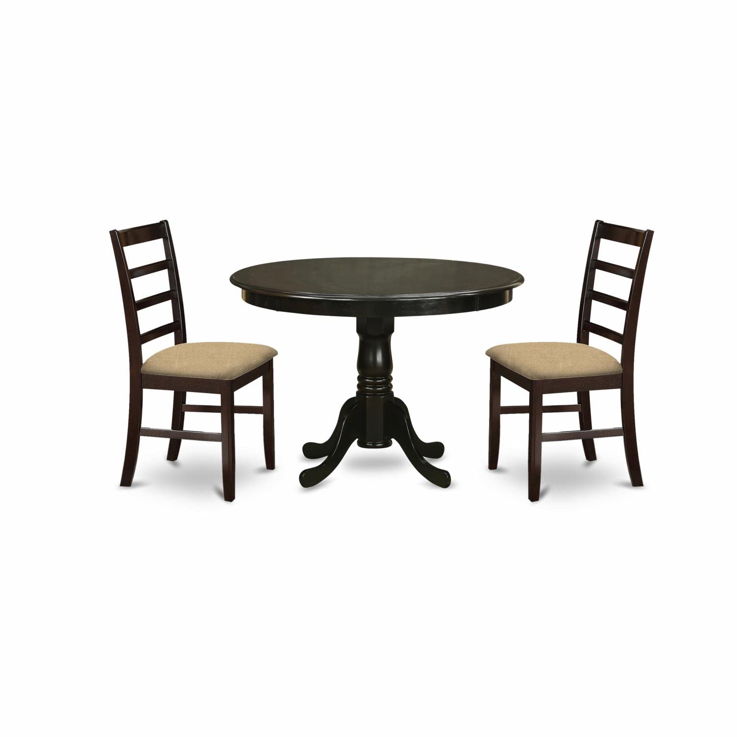 East West Furniture HLAN3-CAP-C 3 Piece Dining Table Set for Small Spaces Contains a Round Dining Room Table with Pedestal and 2 Linen Fabric Upholstered Chairs, 42x42 Inch, Cappuccino