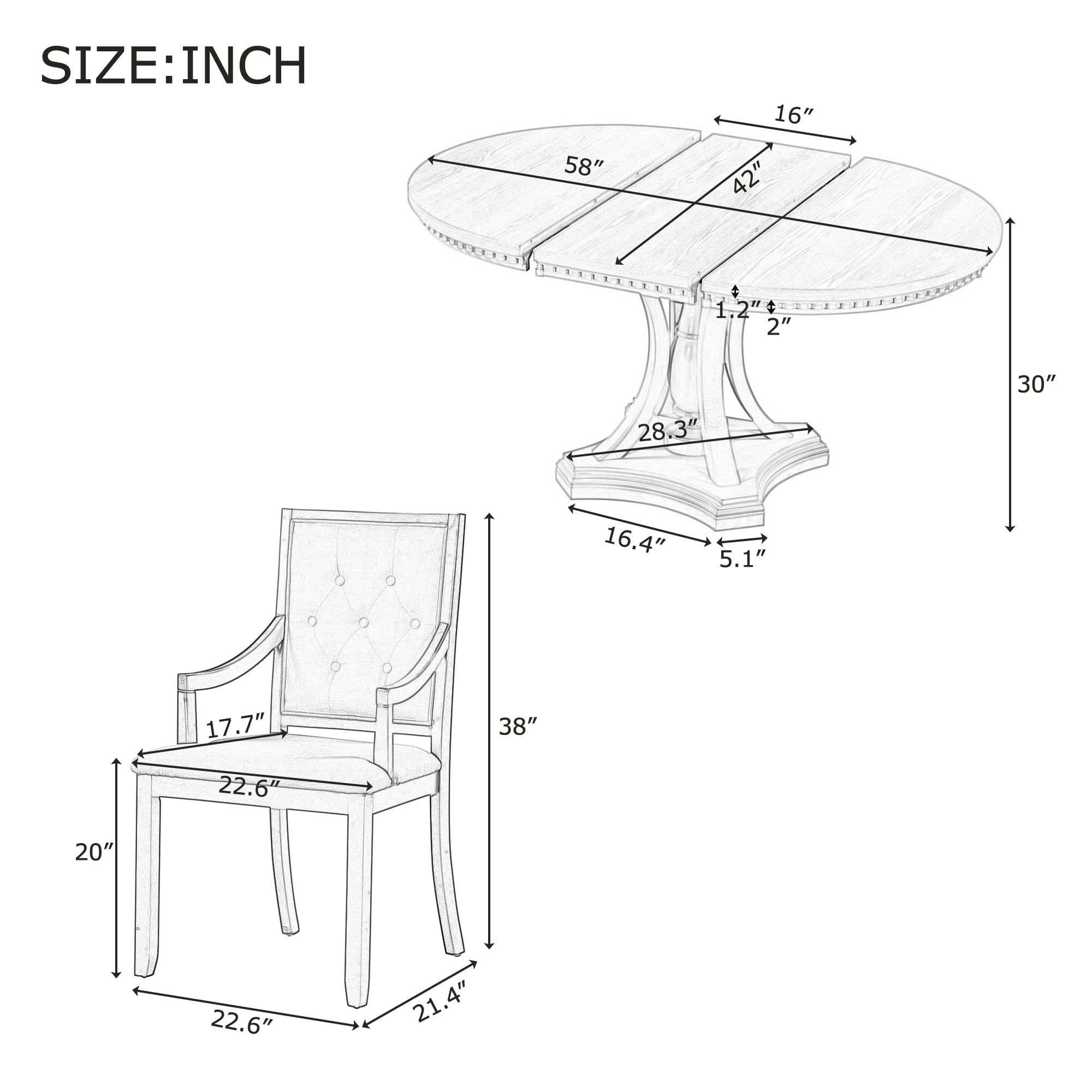 POCIYIHOME 5-Piece Set, Wood Table with Two-Size Round to Oval Extendable Butterfly Leaf, 4 Upholstered Dining Chairs with Armrest for 4 (Natural Oak+ Antique White)