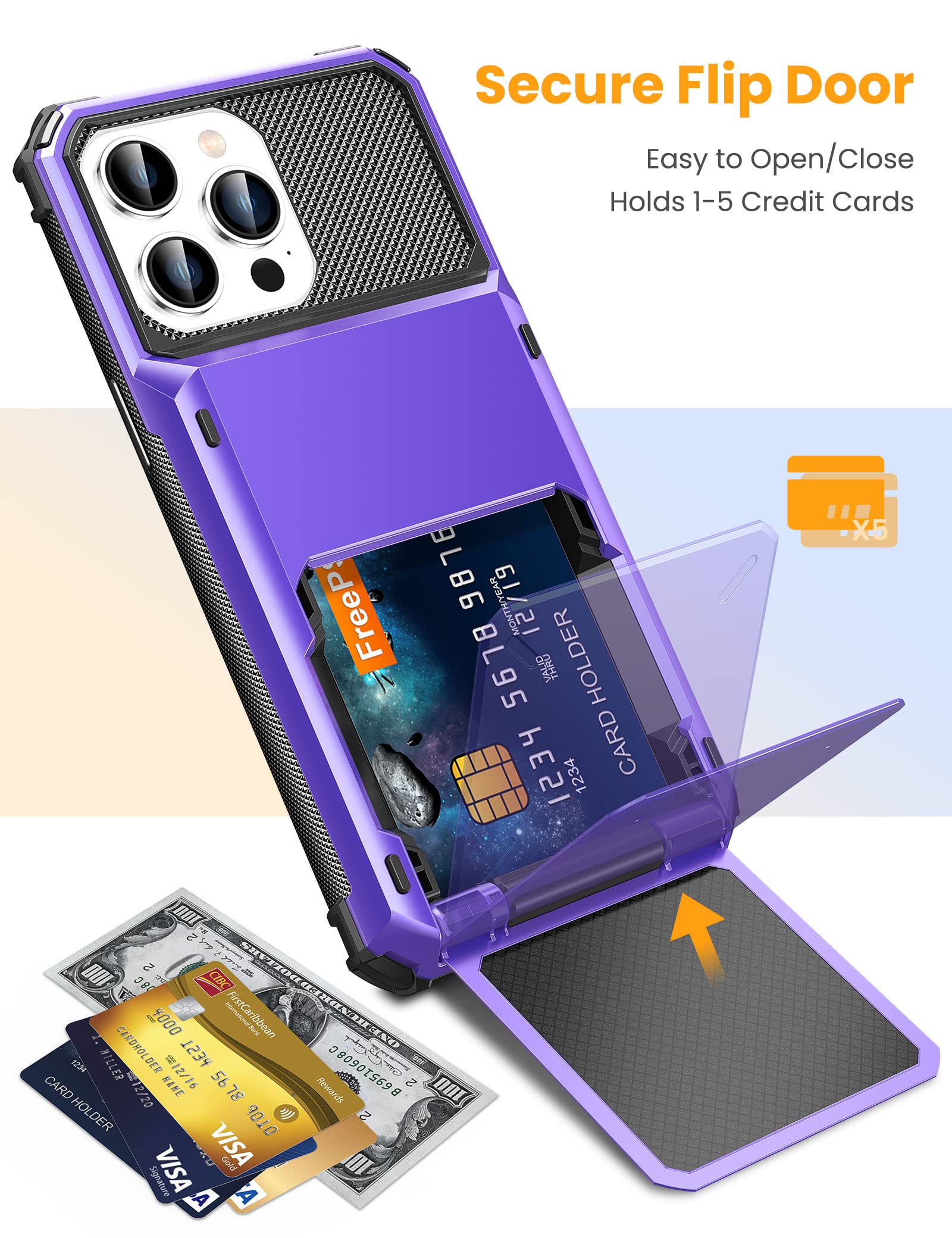 TITACUTE for iPhone 14 Pro Case 6.1 Wallet 5 Credit Card Holder ID Slot Flip Cover Design Back Pocket Scratch Resistant Hard Shell TPU Hybrid Protective Bumper Armor for iPhone 14 Pro Purple