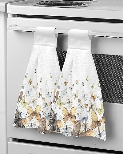 Big buy store Hanging Kitchen Towels Butterfly Floral Bathroom Hand Towels with Hanging Loop Country Style Ombre Butterfly Soft Absorbent Drying Dish Tie Towels for Kitchen Toilet Tabletop Home Decor