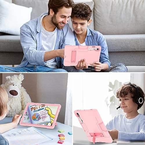Kezigud Shockproof Kickstand Case for Galaxy Tab S9 11''/S9 FE 10.9'', Heavy Duty Hybrid Rugged Three Layer Soft Silicone+Hard PC with S-Pen Holder Cover for Samsung Tab S9/S9 FE 2023(Rose Gold)