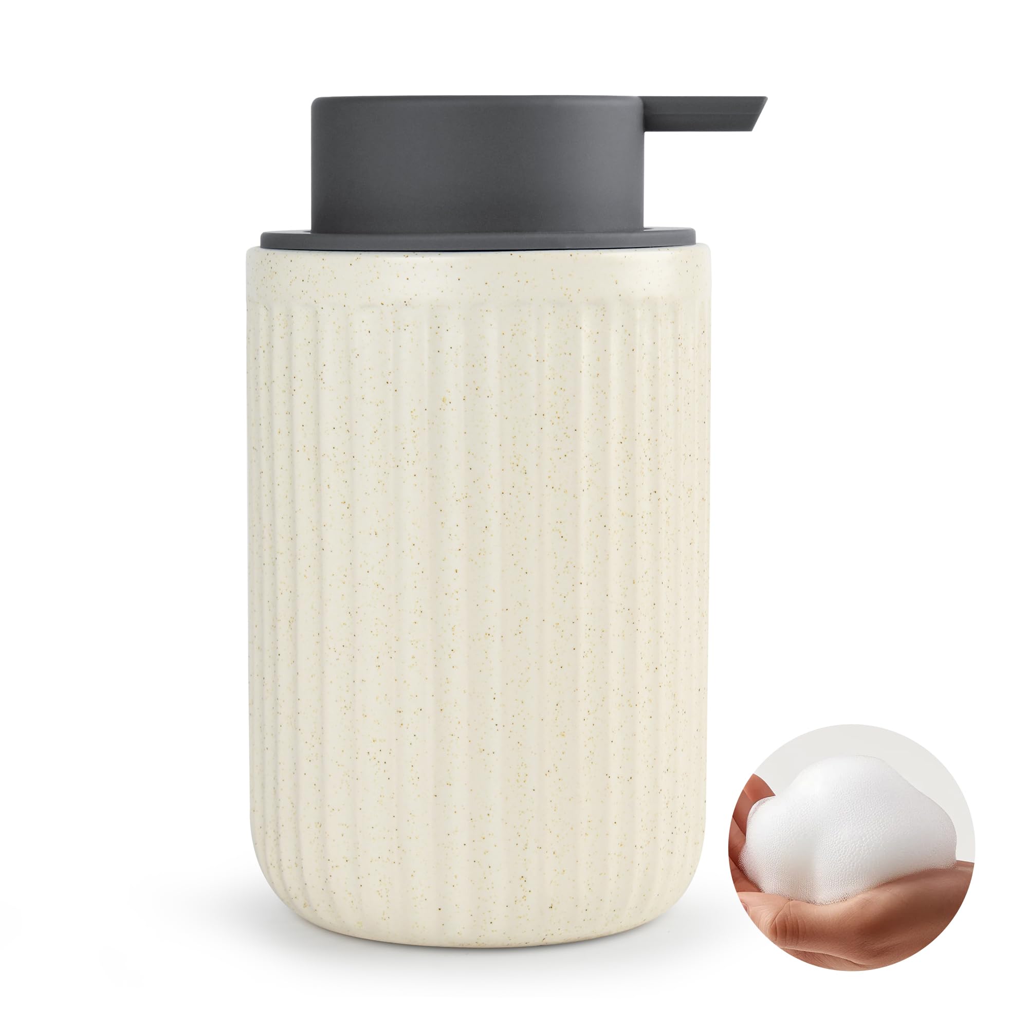 ABBI NIMO Beige Ceramic Foaming Soap Dispenser, Speckled Rippled 12 Oz Bottle with Gray Silicone Pump, Foam Dispenser for Kitchen or Bathroom, Speckled Beige