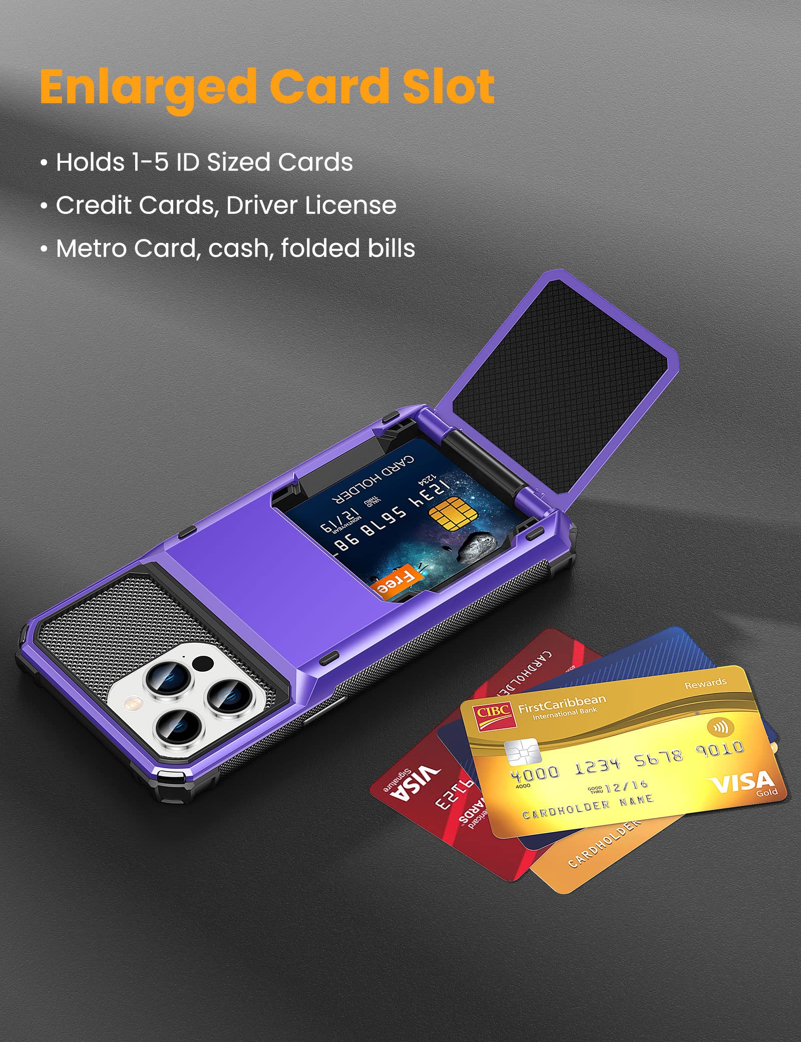 TITACUTE for iPhone 14 Pro Case 6.1 Wallet 5 Credit Card Holder ID Slot Flip Cover Design Back Pocket Scratch Resistant Hard Shell TPU Hybrid Protective Bumper Armor for iPhone 14 Pro Purple
