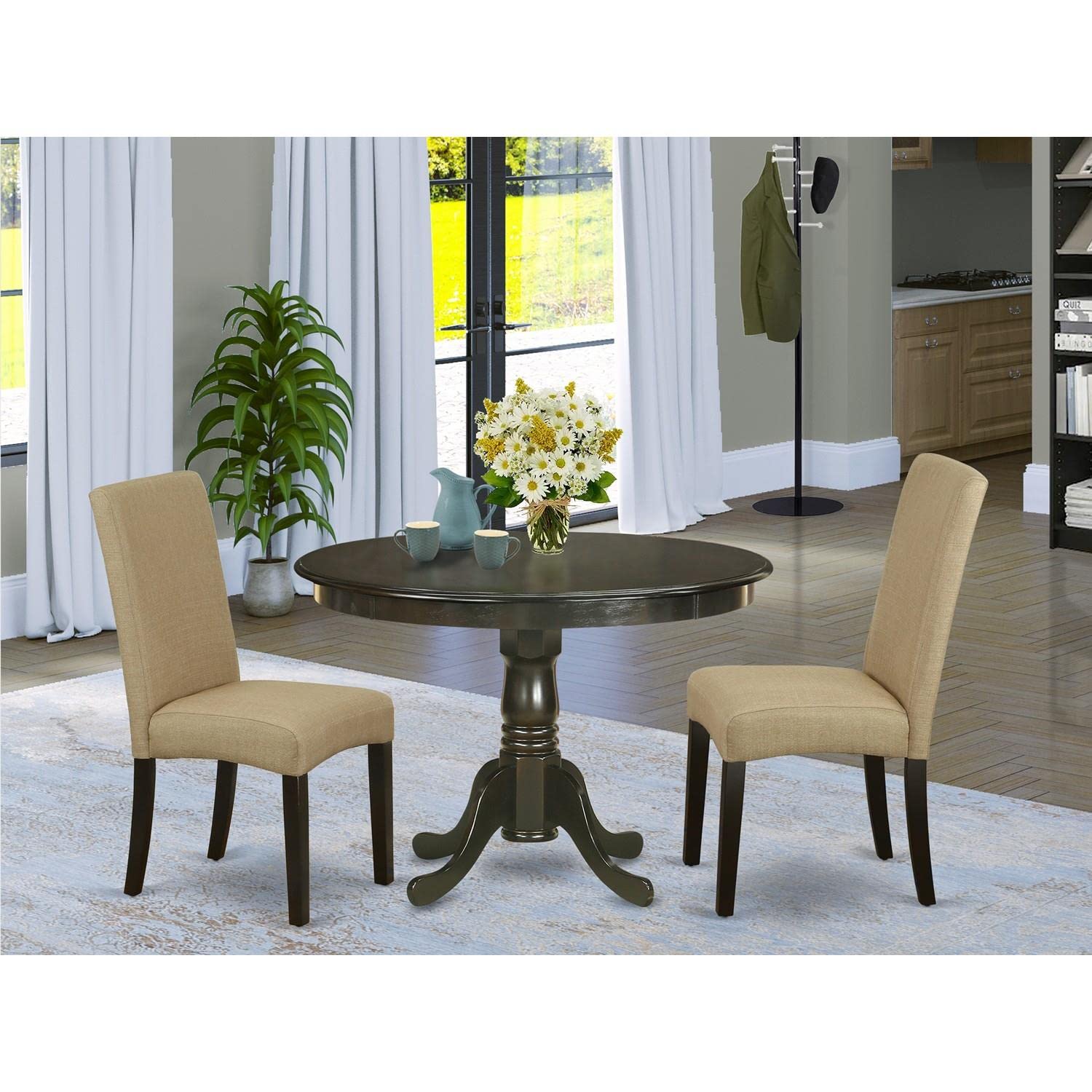 East West Furniture HLDR3-CAP-03 3 Piece Dining Room Table Set Contains a Round Dining Table with Pedestal and 2 Brown Linen Fabric Upholstered Parson Chairs, 42x42 Inch, Cappuccino
