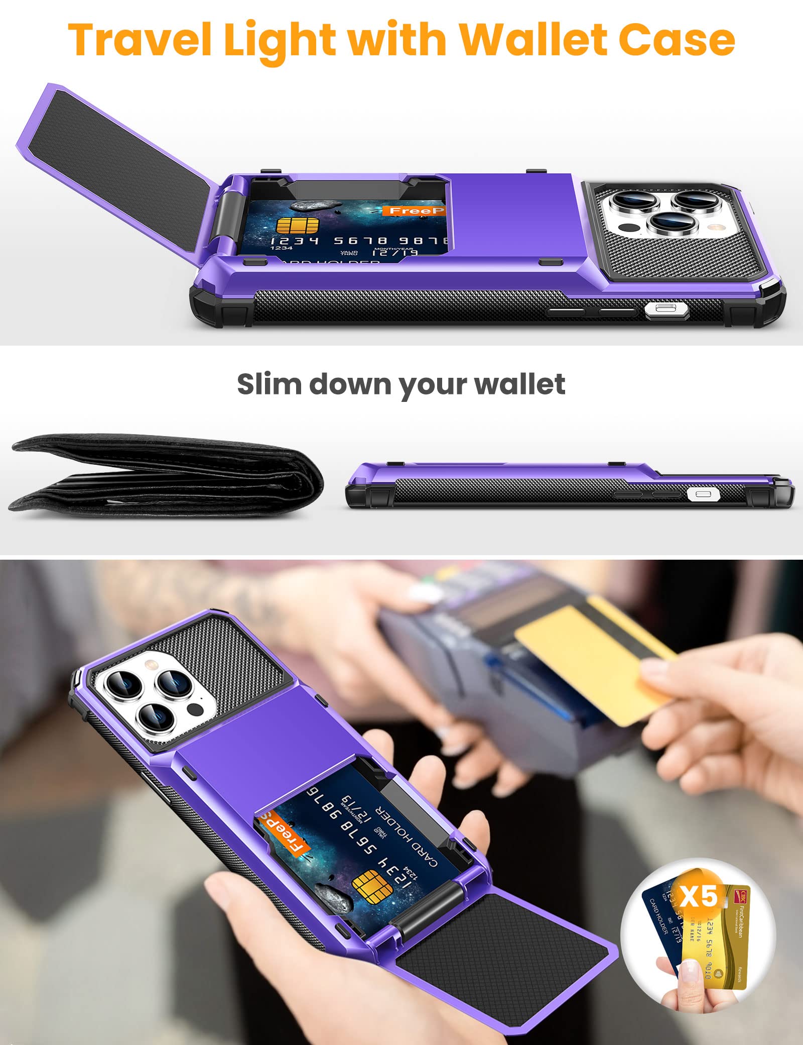 TITACUTE for iPhone 14 Pro Case 6.1 Wallet 5 Credit Card Holder ID Slot Flip Cover Design Back Pocket Scratch Resistant Hard Shell TPU Hybrid Protective Bumper Armor for iPhone 14 Pro Purple
