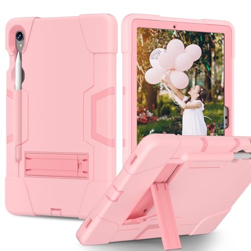 Kezigud Shockproof Kickstand Case for Galaxy Tab S9 11''/S9 FE 10.9'', Heavy Duty Hybrid Rugged Three Layer Soft Silicone+Hard PC with S-Pen Holder Cover for Samsung Tab S9/S9 FE 2023(Rose Gold)