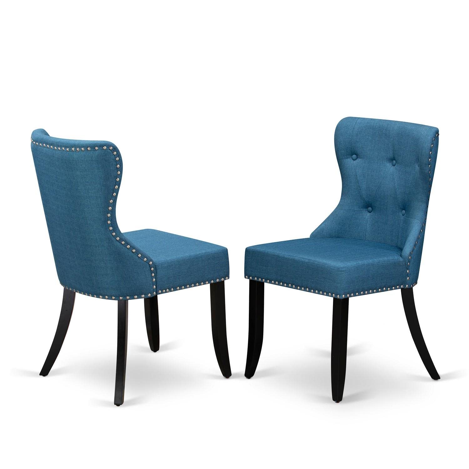 East West Furniture SHSI5-BLK-21 5 Piece Dining Table Set for 4 Includes a Round Kitchen Table with Pedestal and 4 Blue Linen Fabric Parsons Dining Chairs, 42x42 Inch, Black