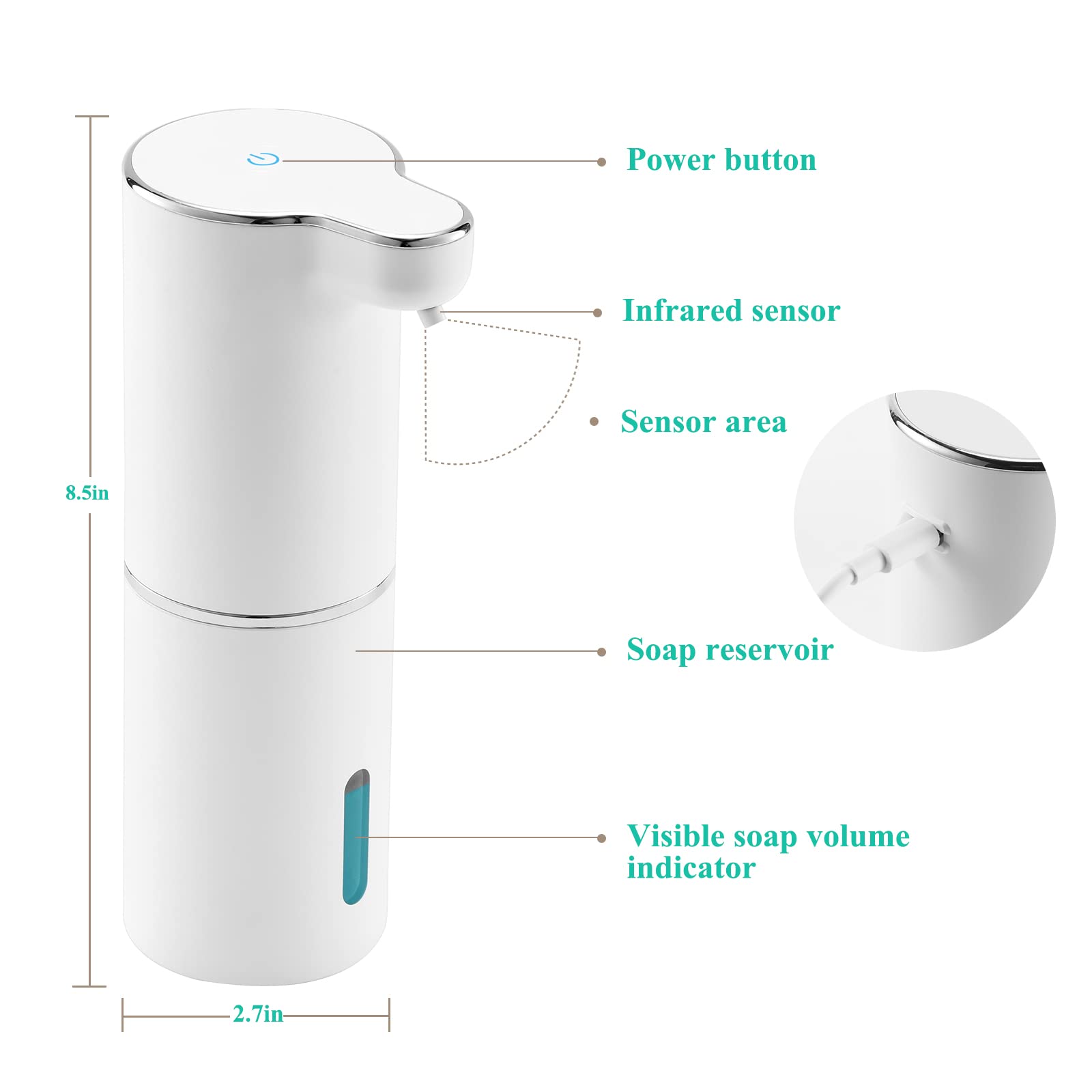 LAOPAO Soap Dispenser, Automatic Foaming Hand Soap Dispenser Touchless Foam Soap Dispenser Rechargeable Bathroom Countertop Soap Pump for Kids Xmas Gift 300ml All White