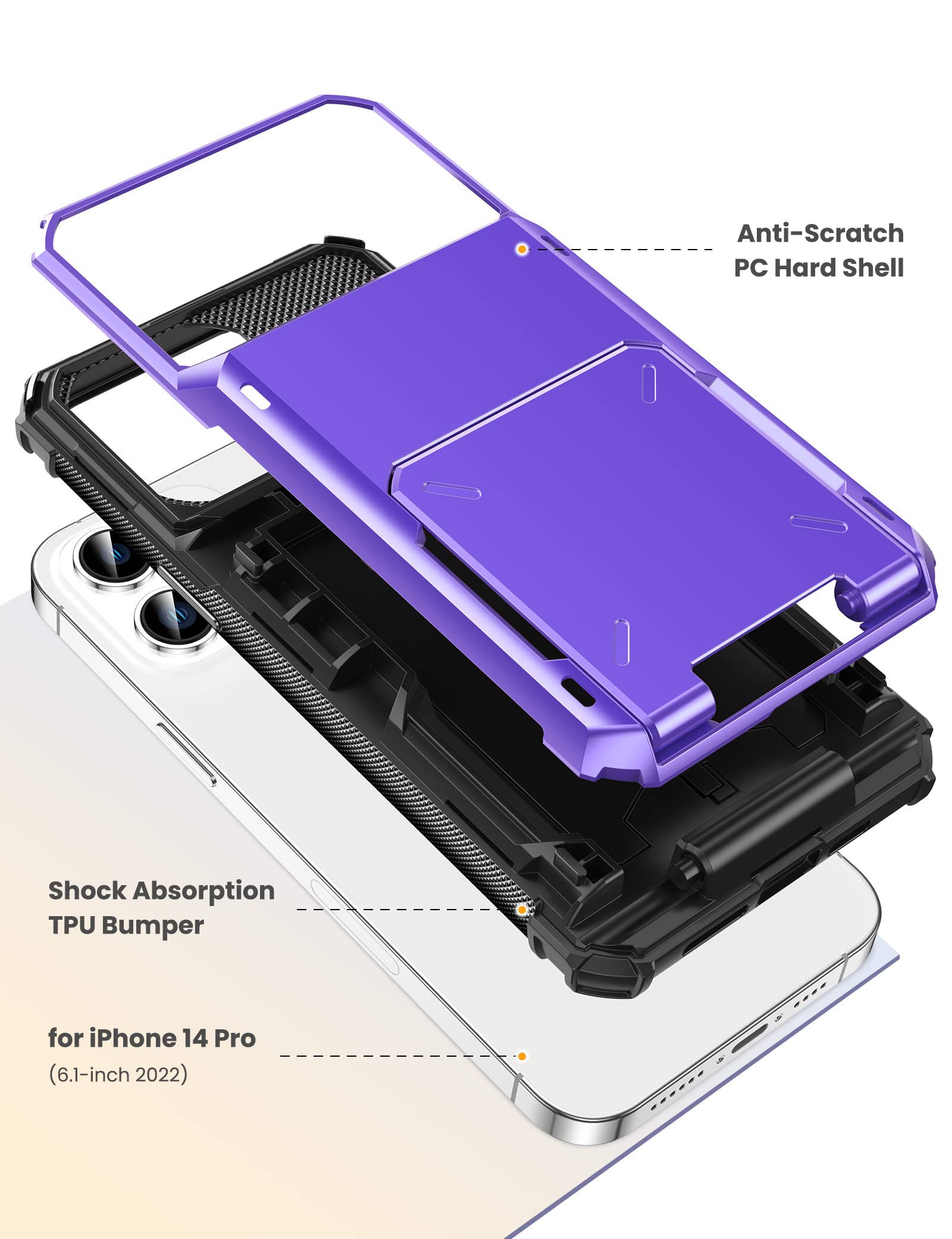 TITACUTE for iPhone 14 Pro Case 6.1 Wallet 5 Credit Card Holder ID Slot Flip Cover Design Back Pocket Scratch Resistant Hard Shell TPU Hybrid Protective Bumper Armor for iPhone 14 Pro Purple