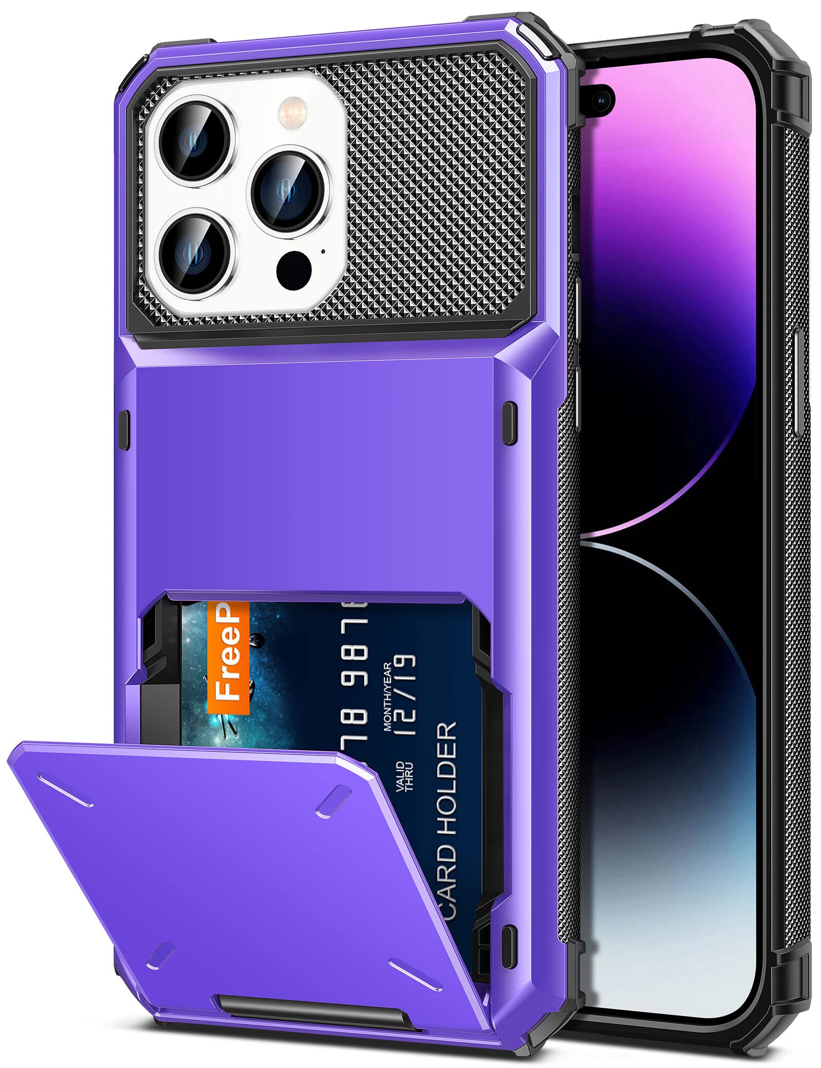 TITACUTE for iPhone 14 Pro Case 6.1 Wallet 5 Credit Card Holder ID Slot Flip Cover Design Back Pocket Scratch Resistant Hard Shell TPU Hybrid Protective Bumper Armor for iPhone 14 Pro Purple