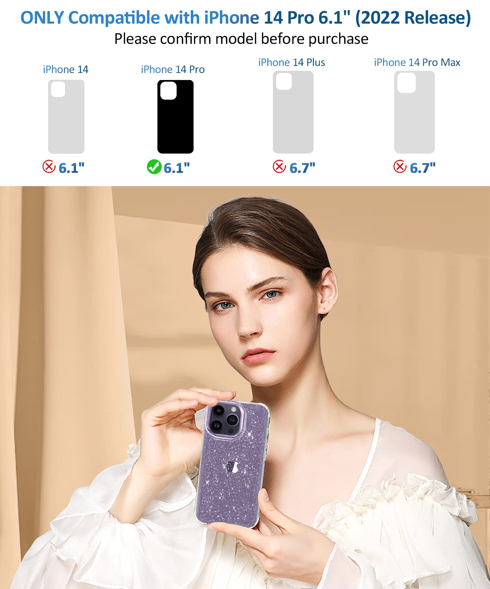 MIODIK for iPhone 14 Pro Case with Screen Protector + Camera Lens Protector, [Non-Yellowing] Clear Glitter Phone Case, Shockproof Protective Women Cute Bumper Cover for 6.1 Inch - Sparkle Clear