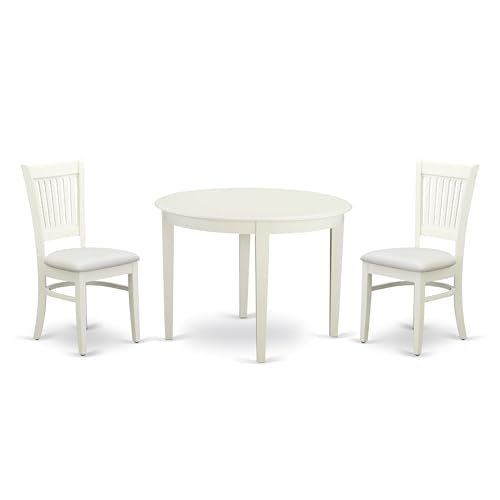 East West Furniture BOVA3-LWH-C 3 Piece Dining Room Furniture Set Contains a Round Dining Table and 2 Linen Fabric Upholstered Chairs, 42x42 Inch, Linen White