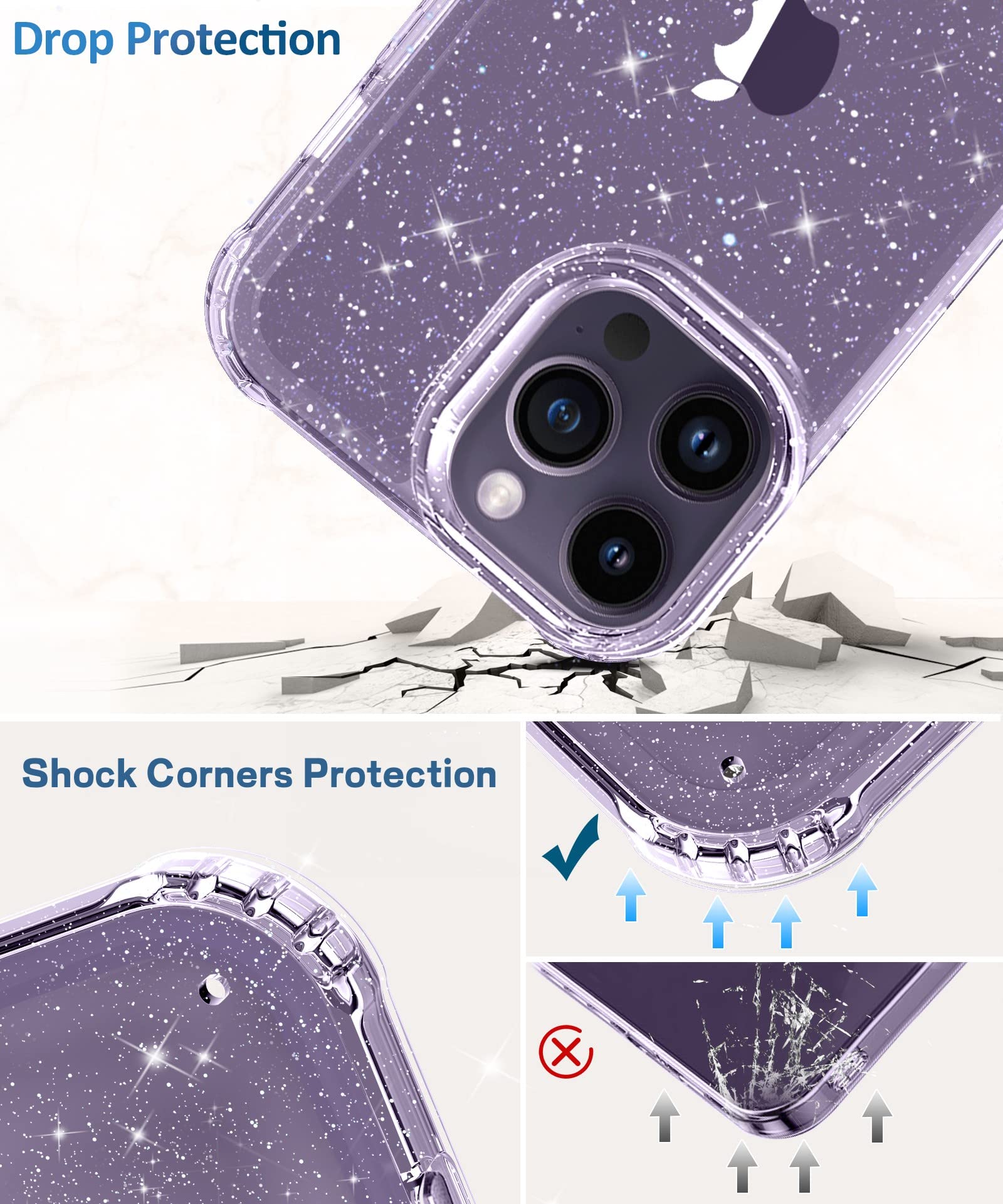 MIODIK for iPhone 14 Pro Case with Screen Protector + Camera Lens Protector, [Non-Yellowing] Clear Glitter Phone Case, Shockproof Protective Women Cute Bumper Cover for 6.1 Inch - Sparkle Clear