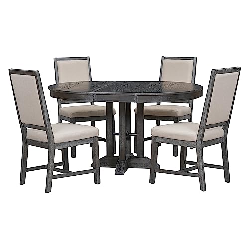 BIADNBZ 5-Piece Extendable Round Dining Table Set with 4 Upholstered Chairs, Farmhouse Style Kitchen Furniure for 4-6 People, Black