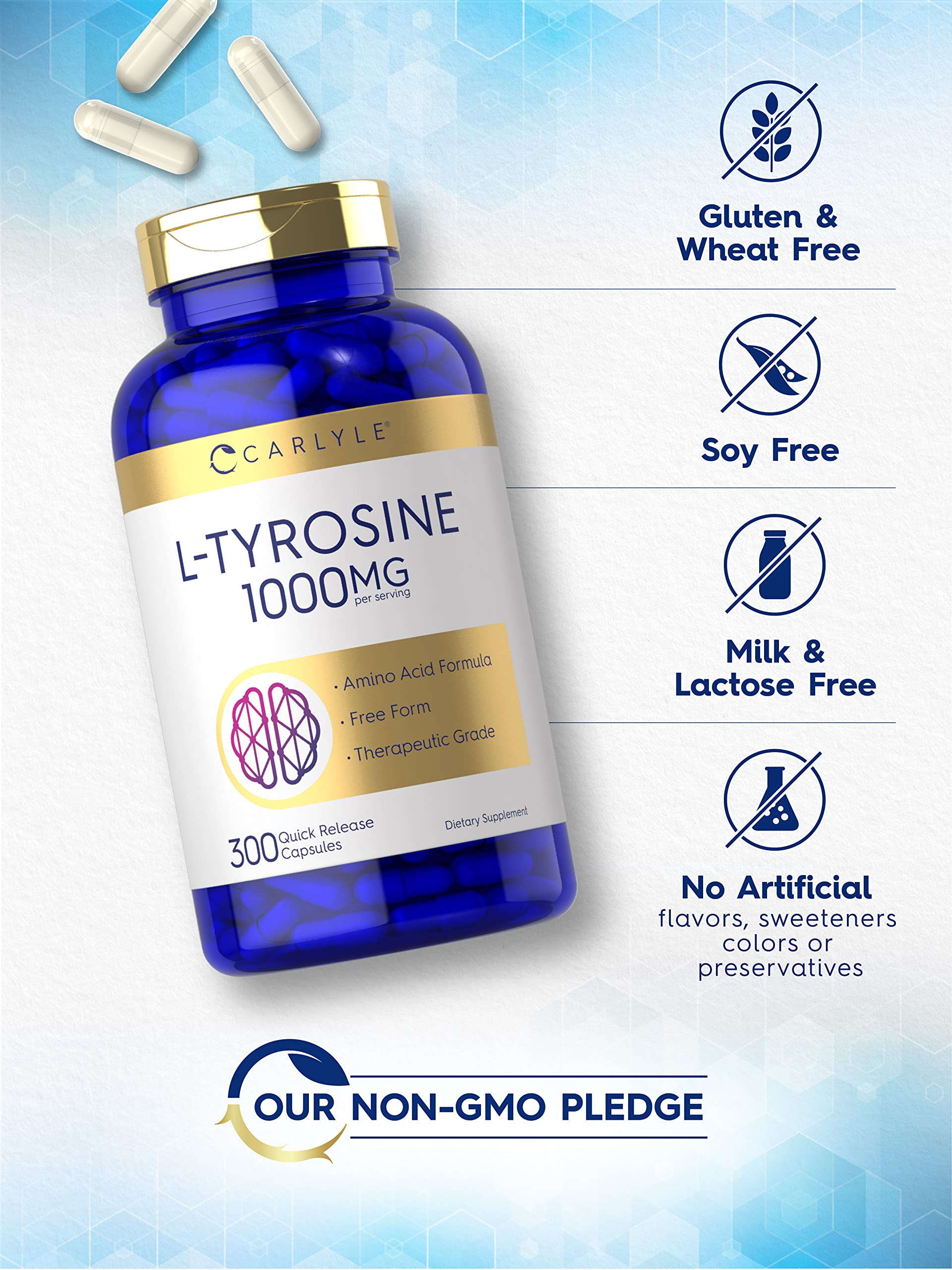 Carlyle L Tyrosine Capsules 1000mg | 300 Count | Therapeutic Grade | for Men and Women | Non-GMO & Gluten Free Supplement