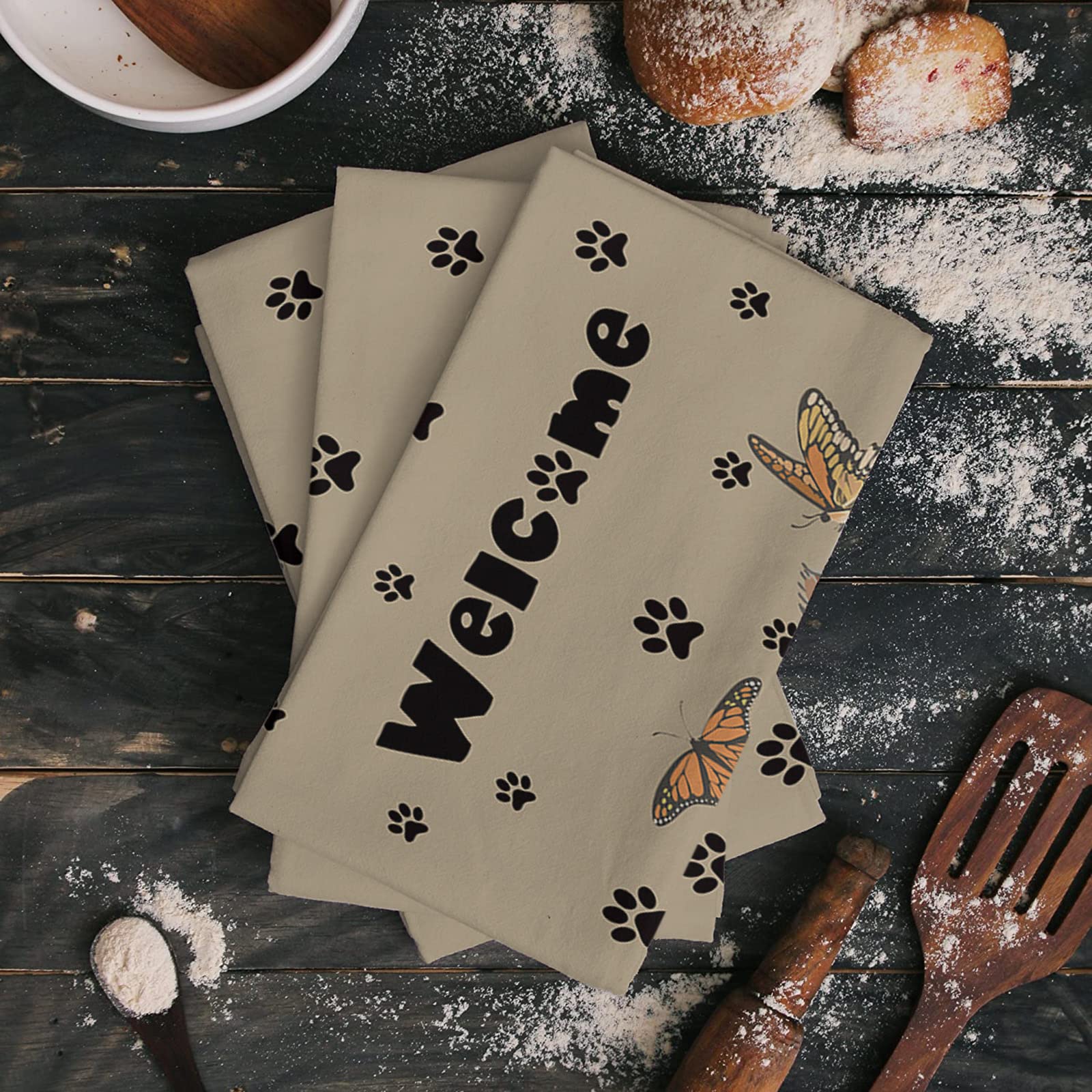 Big buy store Kitchen Towels Set of 4 Cat Welcome Butterfly Dish Towels and Dishcloths Sets Decorative Tea Towel Retro Paws Absorbent Hand Towels for Kitchen Drying Bathroom Decor Gift 18x28 Inch