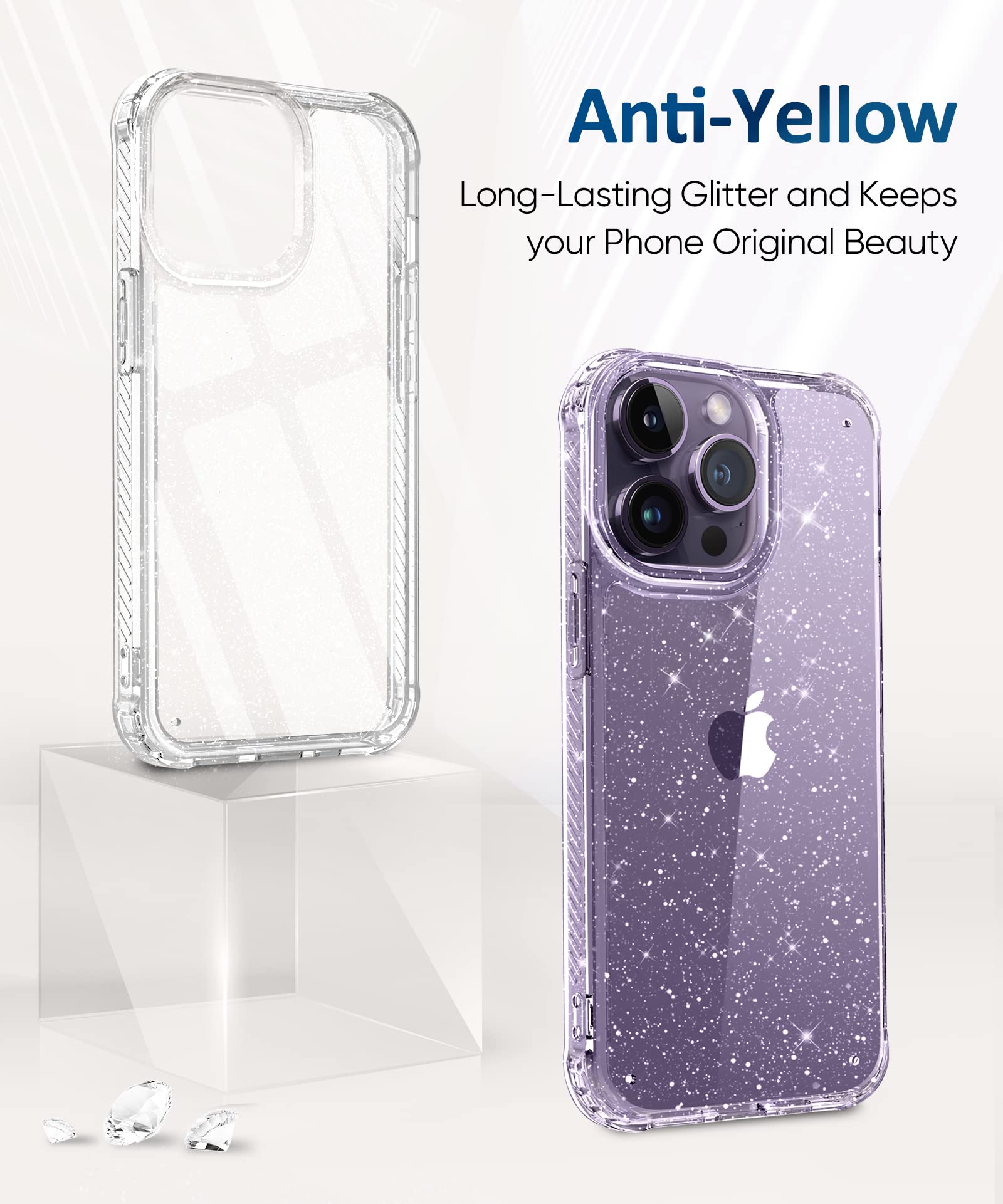 MIODIK for iPhone 14 Pro Case with Screen Protector + Camera Lens Protector, [Non-Yellowing] Clear Glitter Phone Case, Shockproof Protective Women Cute Bumper Cover for 6.1 Inch - Sparkle Clear