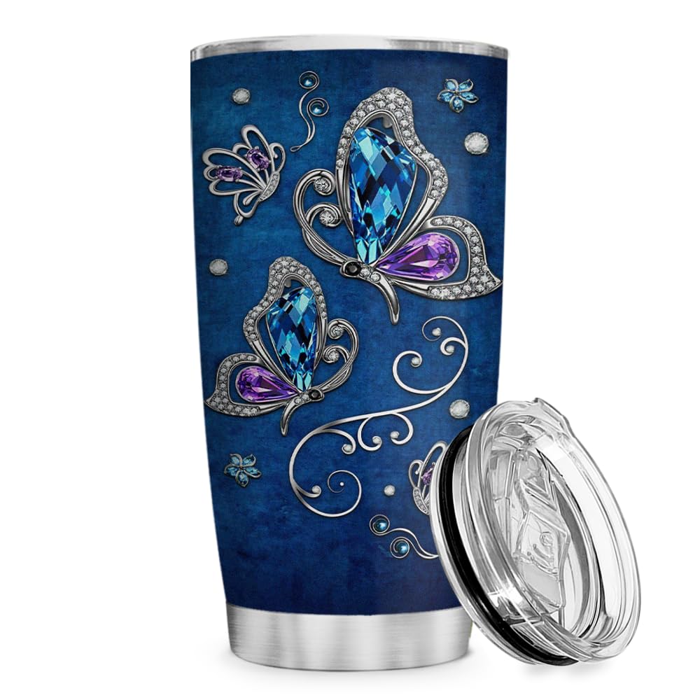 Wassmin Butterfly Tumbler Butterflies Gift For Women Girls Teen Jewelry Drawing Style Stainless Steel Insulated Tumblers 20oz Coffee Travel Mug Cup With Lid Birthday Christmas Presents