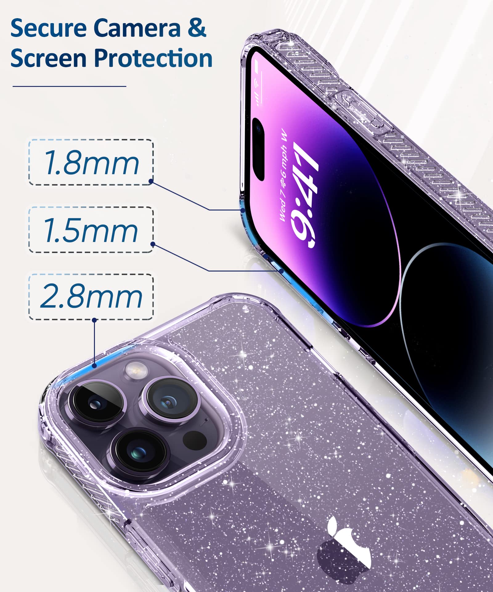 MIODIK for iPhone 14 Pro Case with Screen Protector + Camera Lens Protector, [Non-Yellowing] Clear Glitter Phone Case, Shockproof Protective Women Cute Bumper Cover for 6.1 Inch - Sparkle Clear