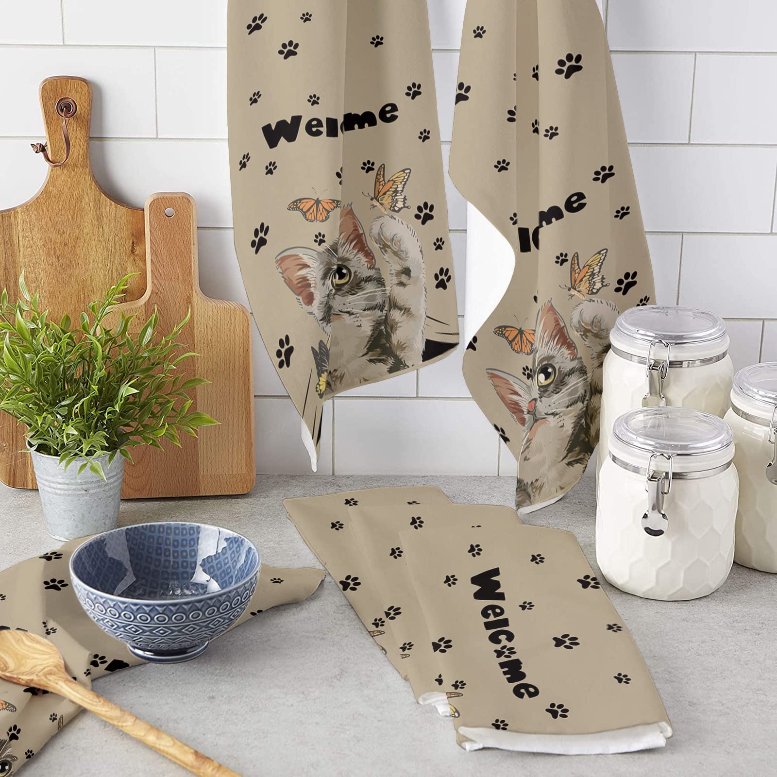 Big buy store Kitchen Towels Set of 4 Cat Welcome Butterfly Dish Towels and Dishcloths Sets Decorative Tea Towel Retro Paws Absorbent Hand Towels for Kitchen Drying Bathroom Decor Gift 18x28 Inch