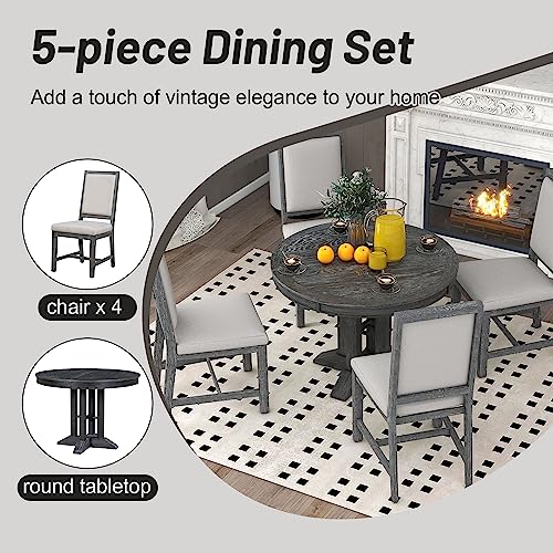 BIADNBZ 5-Piece Extendable Round Dining Table Set with 4 Upholstered Chairs, Farmhouse Style Kitchen Furniure for 4-6 People, Black