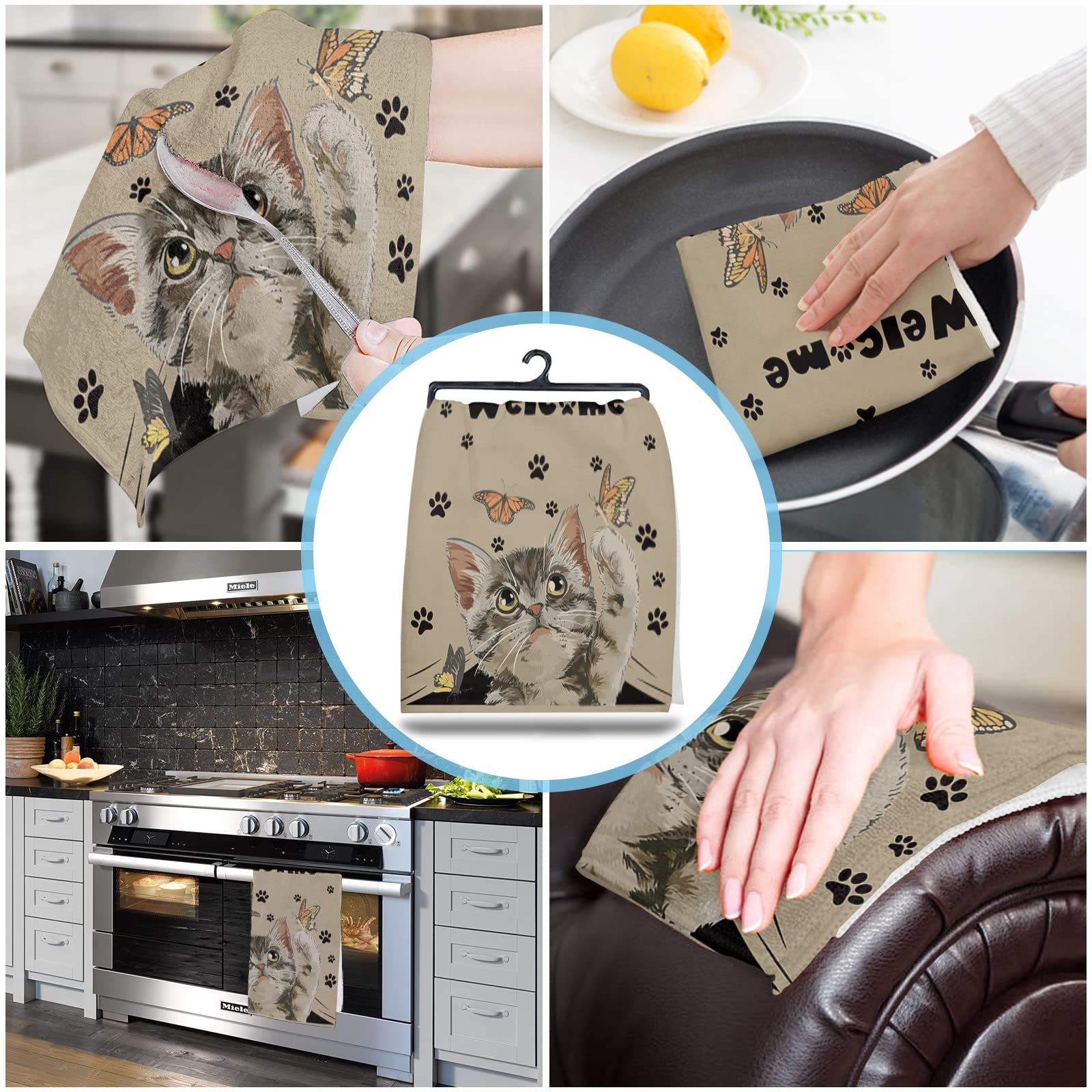 Big buy store Kitchen Towels Set of 4 Cat Welcome Butterfly Dish Towels and Dishcloths Sets Decorative Tea Towel Retro Paws Absorbent Hand Towels for Kitchen Drying Bathroom Decor Gift 18x28 Inch