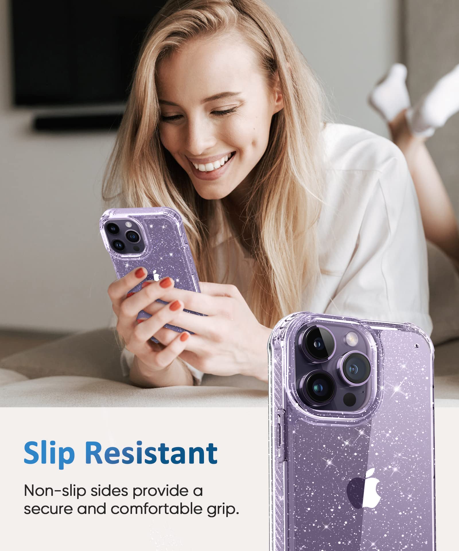 MIODIK for iPhone 14 Pro Case with Screen Protector + Camera Lens Protector, [Non-Yellowing] Clear Glitter Phone Case, Shockproof Protective Women Cute Bumper Cover for 6.1 Inch - Sparkle Clear