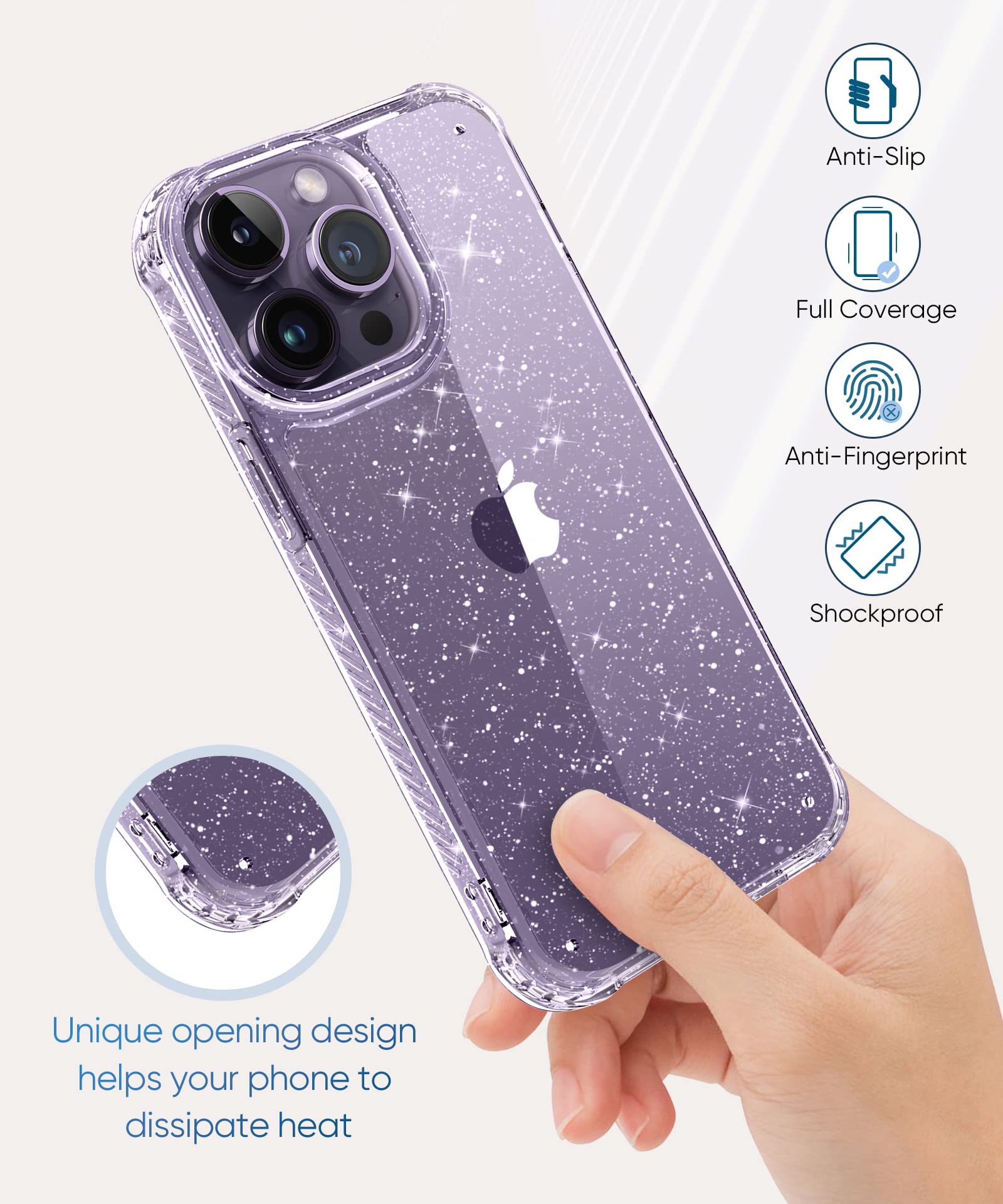 MIODIK for iPhone 14 Pro Case with Screen Protector + Camera Lens Protector, [Non-Yellowing] Clear Glitter Phone Case, Shockproof Protective Women Cute Bumper Cover for 6.1 Inch - Sparkle Clear