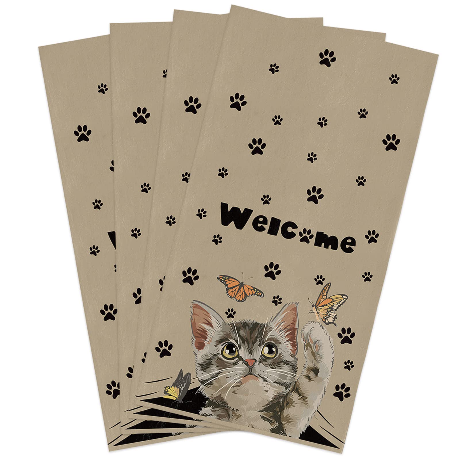 Big buy store Kitchen Towels Set of 4 Cat Welcome Butterfly Dish Towels and Dishcloths Sets Decorative Tea Towel Retro Paws Absorbent Hand Towels for Kitchen Drying Bathroom Decor Gift 18x28 Inch