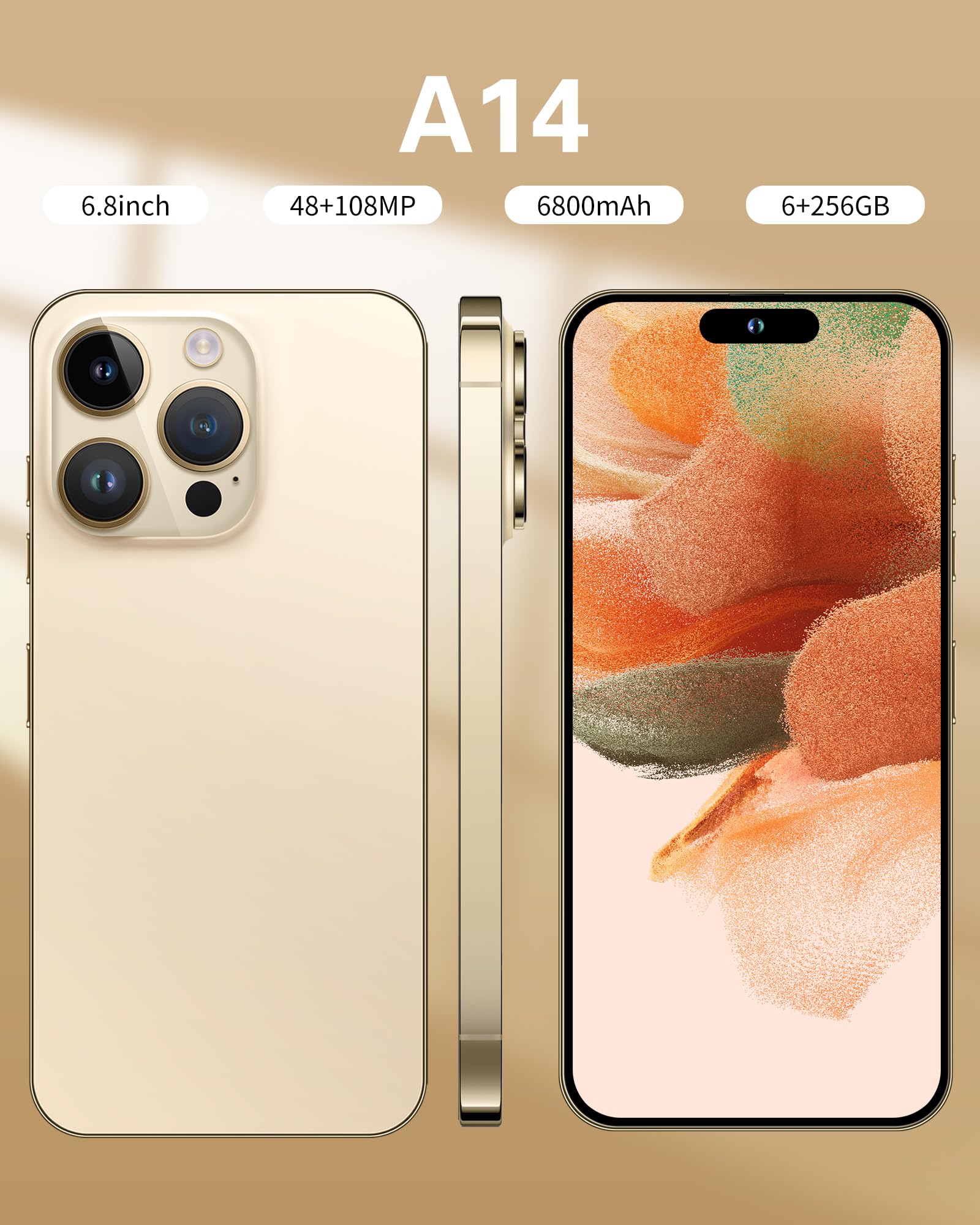 ExAchat A14 Pro Max 5G Unlocked Smartphone - 6GB+256GB Fully Unlocked Cell Phone for Android 13, 6.82" Unlocked Cell Phone, 6800mAh, 48MP Front Camera+108MP Main Camera (Gold)
