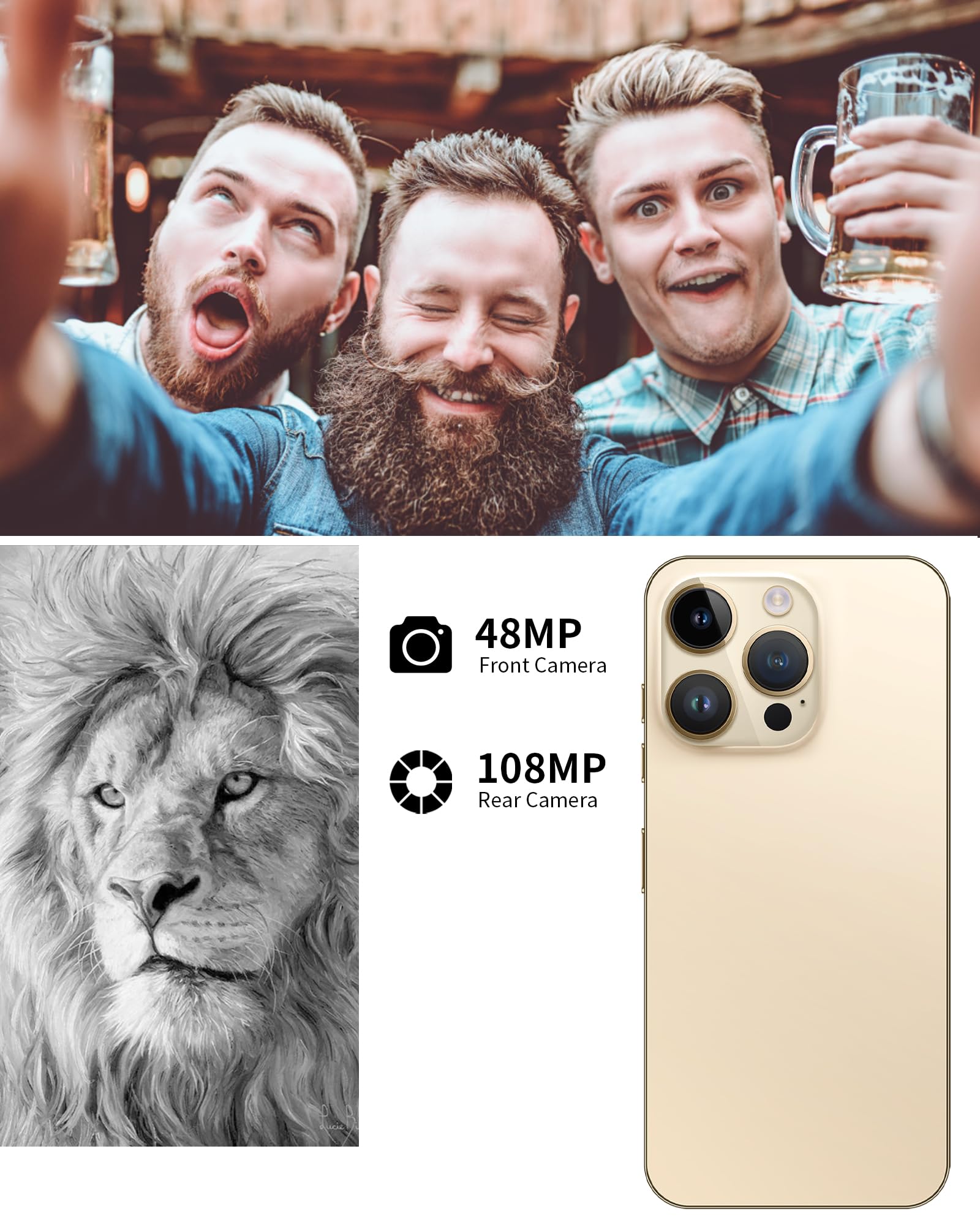 ExAchat A14 Pro Max 5G Unlocked Smartphone - 6GB+256GB Fully Unlocked Cell Phone for Android 13, 6.82" Unlocked Cell Phone, 6800mAh, 48MP Front Camera+108MP Main Camera (Gold)