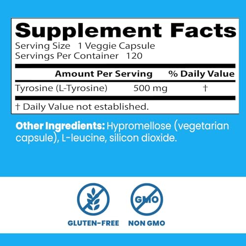 Doctors Best L-Tyrosine, 500 mg, Brain Transmitter Support, Non-GMO, Gluten Free 120 Veggie Caps