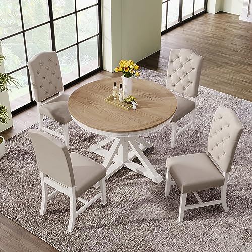 LUMISOL Round Extendable Dining Table Set for 4-6 Persons Rustic Solid Wood 5 Piece Kitchen Dining Set with 4 Upholstered Chairs Farmhouse Round Dining Table for Small Space, Oak Natural Off White