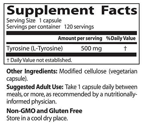 Doctors Best L-Tyrosine, 500 mg, Brain Transmitter Support, Non-GMO, Gluten Free 120 Veggie Caps