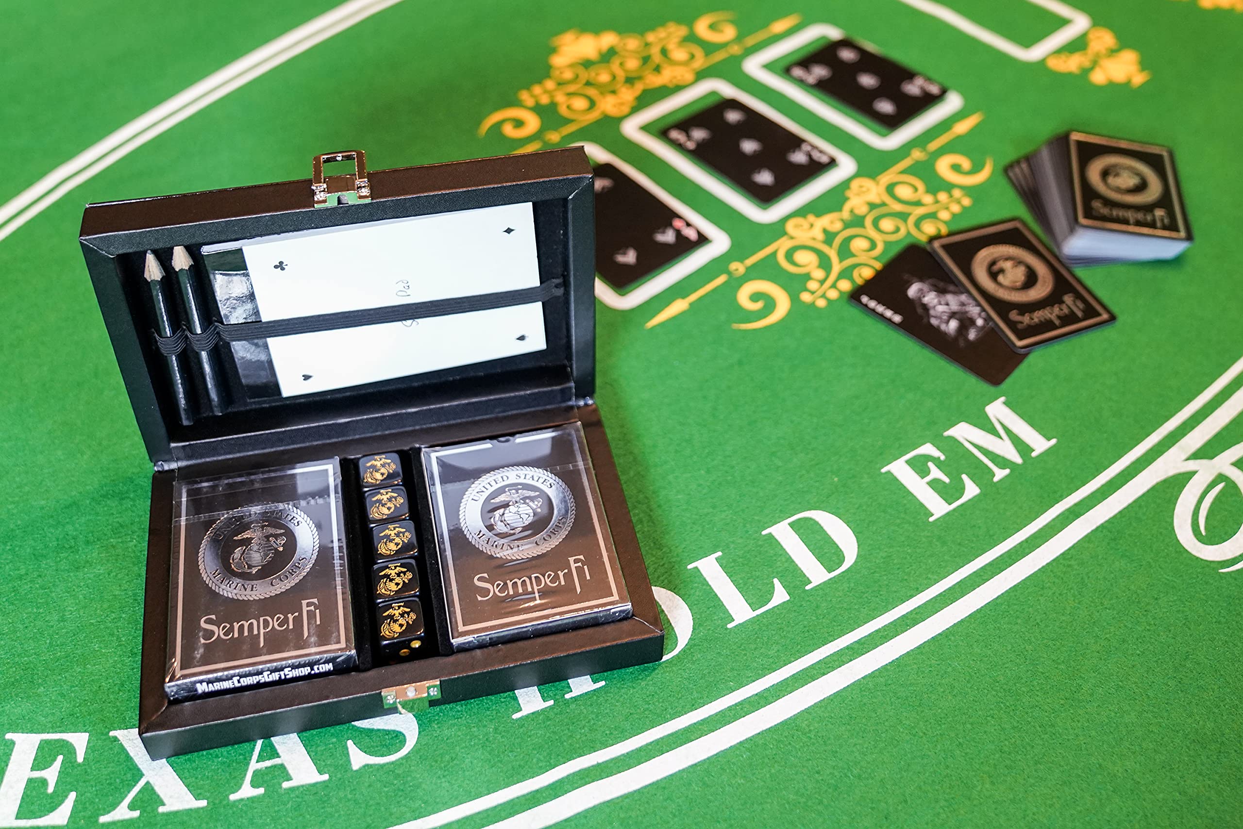 Marine Corps Playing Cards and Dice Set – Black Leather Keepsake Box, Playing Cards with USMC Rank Insignia, EGA Dice
