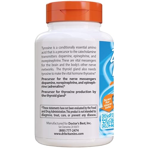 Doctors Best L-Tyrosine, 500 mg, Brain Transmitter Support, Non-GMO, Gluten Free 120 Veggie Caps