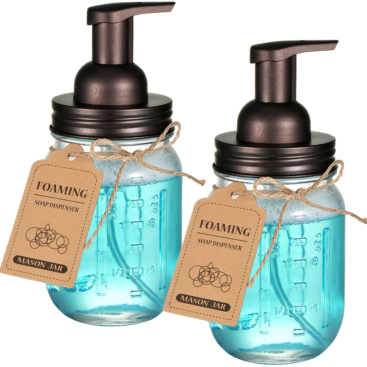 SheeChung Mason Jar Foaming Soap Dispenser - Rustproof Stainless Steel Lid&Foaming Soap Pump,Best Hand Foam Soap Dispenser Glass for Bathroom Vanities or Kitchen Sink,Countertops - Bronze (2 pk)