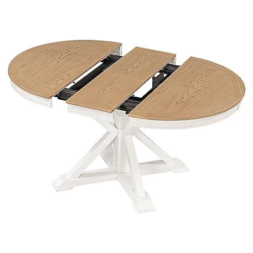 LUMISOL Round Extendable Dining Table Set for 4-6 Persons Rustic Solid Wood 5 Piece Kitchen Dining Set with 4 Upholstered Chairs Farmhouse Round Dining Table for Small Space, Oak Natural Off White