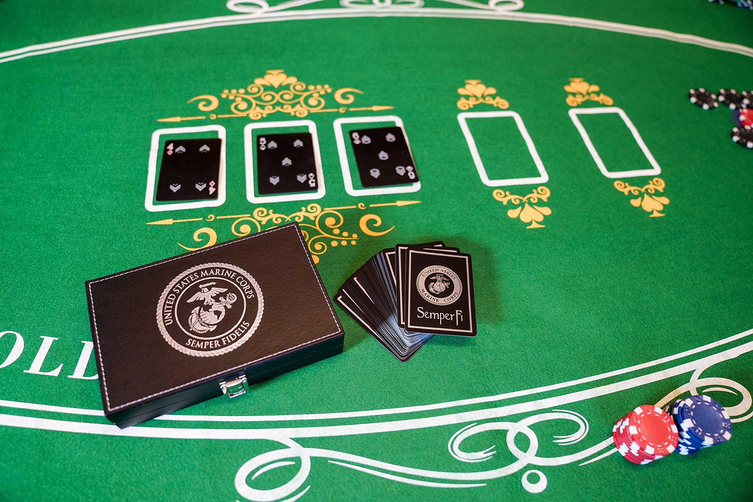 Marine Corps Playing Cards and Dice Set – Black Leather Keepsake Box, Playing Cards with USMC Rank Insignia, EGA Dice