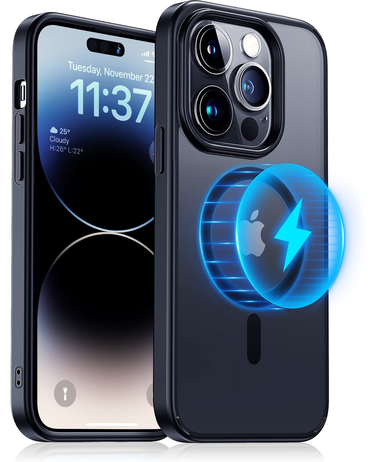 Meifigno Magic Mag Series Designed for iPhone 14 Pro Case, [Military Grade Protection & Compatible with MagSafe], Translucent Matte Back with Soft Edge Magnetic Case, for iPhone 14 Pro 6.1", Black