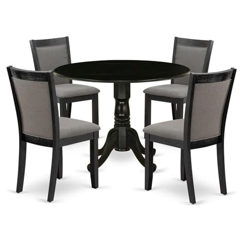 East West Furniture DLMZ5-AB6-50 5 Piece Dining Room Furniture Set Includes a Round Dining Table with Dropleaf and 4 Dark Gotham Grey Linen Fabric Parson Chairs, 42x42 Inch, Wirebrushed Black