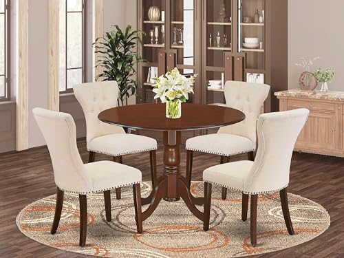East West Furniture DLGA5-MAH-32 5 Piece Dining Room Table Set Includes a Round Dining Table with Dropleaf and 4 Light Beige Linen Fabric Upholstered Chairs, 42x42 Inch, Mahogany