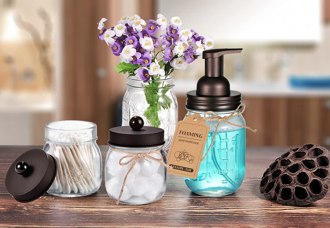 SheeChung Mason Jar Foaming Soap Dispenser - Rustproof Stainless Steel Lid&Foaming Soap Pump,Best Hand Foam Soap Dispenser Glass for Bathroom Vanities or Kitchen Sink,Countertops - Bronze (2 pk)